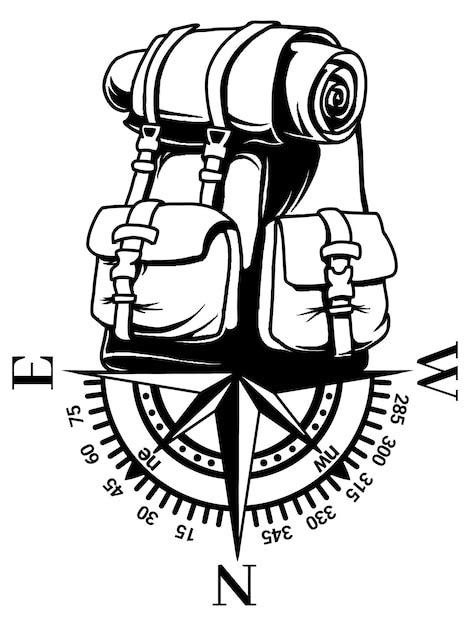 Premium Vector Vector Outline Camping Backpack And Compass Illustration