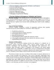 Lecture 3 Decision Making In Management 1 Doc Lecture 3 Decision
