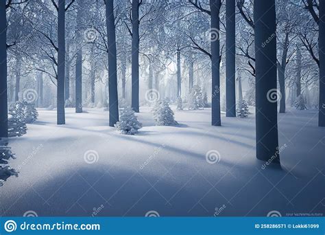 Frosty Winter Landscape In Snowy Forest 3d Render Pixel Art Stock