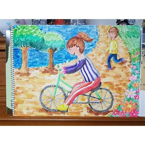 5학년아이 자전거타는모습 그렸어요 수채화클래스아동수채화수원수채화감성아이정물화성인수채화아동미술초등미술창의미술