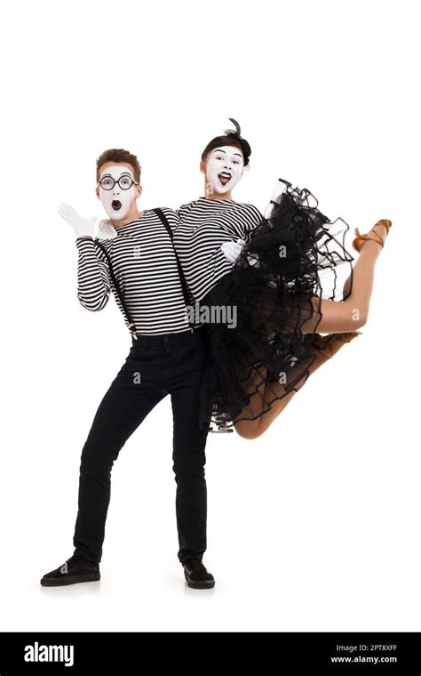 Smiling Mimes In Striped Shirts Man And Woman Dressed As Actors Of