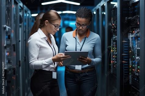 Women With A Tablet For Examine Cyber Security At Server Room Database Planning And Inspection