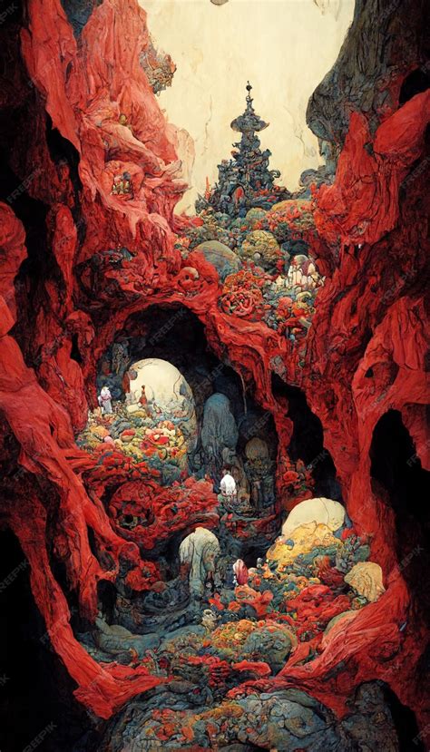 Premium Ai Image A Painting Of A Cave With A Red Background And A Red