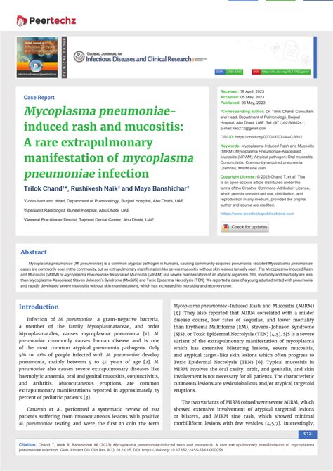 Pdf Mycoplasma Pneumoniae Induced Rash And Mucositis A Rare