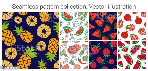 과일과 야채 원활한 패턴 세트 패션 의류 디자인 드레스 스커트 린넨 또는 커튼을위한 식품 인쇄 손으로 그린 벡터 스케치 배경