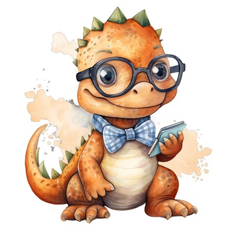 Dinosaur Going To School Watercolor Illustration Stock Illustration