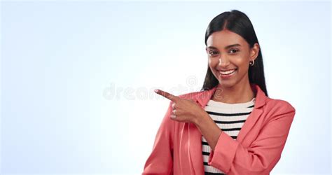 Pointing Happy And Face Of Woman In Studio With Mockup For Marketing
