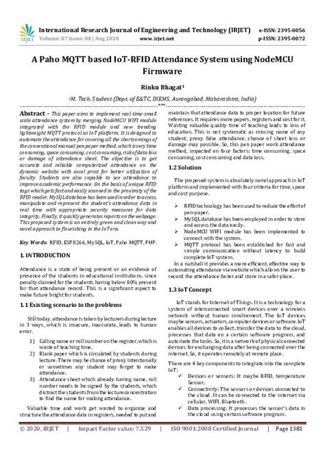 Pdf A Paho Mqtt Based Iot Rfid Attendance System Using Nodemcu
