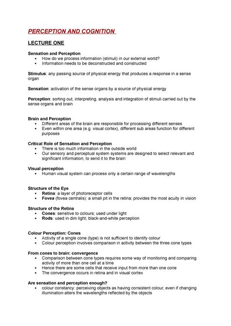 Perception And Cognition Lecture Notes Perception And Cognition Lecture One Sensation And