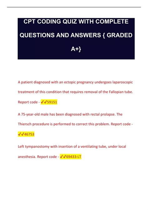 Cpt Coding Quiz With Complete Questions And Answers Graded A Cpt