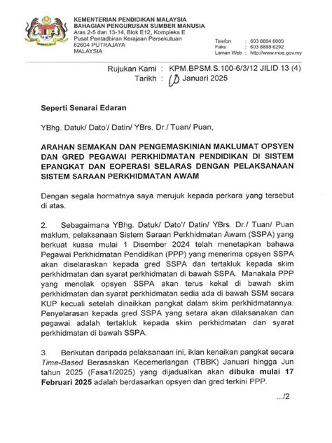 Surat Pengemaskinian Opsyen Dan Gred Sspa Ssm Epangkat Eoperasi Pdf