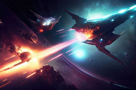 Battle Between Two Spaceships With Laser Beams And Explosions Piercing