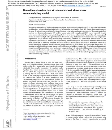Pdf Three Dimensional Vortical Structures And Wall Shear Stress In A