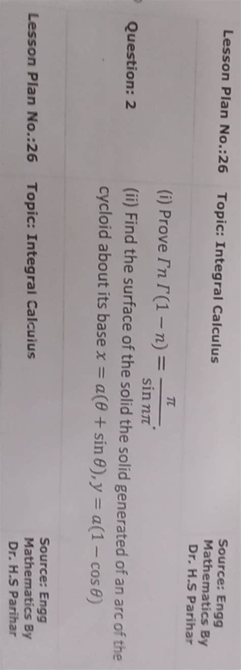 Lesson Plan No26topic Integral Calculusbegin Tabular L Source Eng