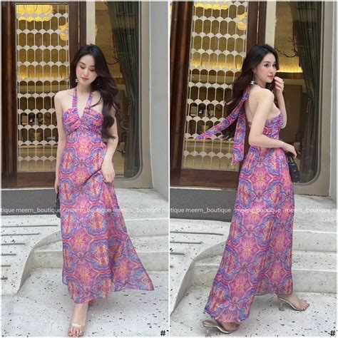 Long Maxi Dress With Brocade Pattern Bow Tie Mocking Running Neck