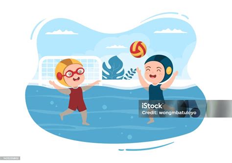 수상 폴로 스포츠 선수 플랫 만화 손으로 그린 템플릿 일러스트레이션에서 수영장에서 상대의 목표에 공을 던지기 위해 재생 만화에