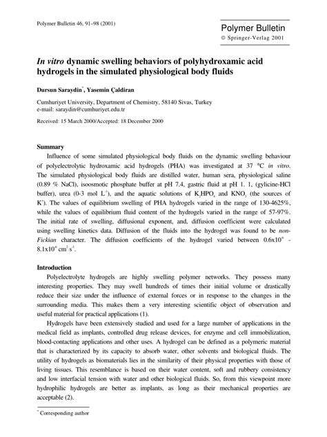 Pdf In Vitro Dynamic Swelling Behaviors Of Polyhydroxamic Acid Hydrogels In The Simulated