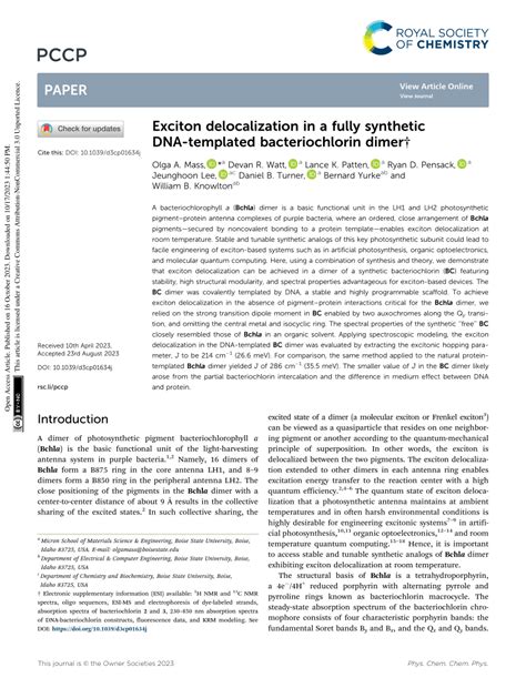 Pdf Exciton Delocalization In A Fully Synthetic Dna Templated Bacteriochlorin Dimer