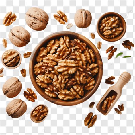 3d 껍질을 벗긴 호두와 껍질을 벗기지 않은 호두 굵은 베가 있는 돌그릇 플라스틱 용기 돌 그릇에 껍질을 벗긴 호두와 껍질을