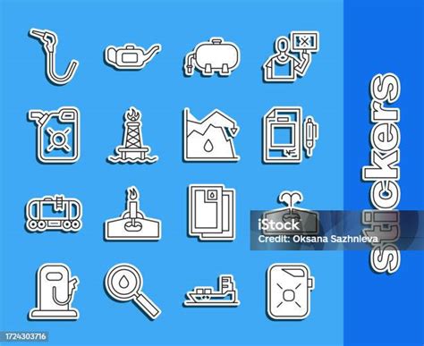모터 오일 유전 계약 자금 및 펜 산업 공장 건물 불이 있는 장비 가솔린 펌프 노즐 및 드롭 원유 가격 아이콘을 위한 라인 캐니스터를 설정합니다 벡터 0명에 대한 스톡 벡터