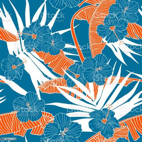 바나나 야자수 잎과 히비스커스 꽃 열대 단풍과 식물이 있는 매끄러운 질감 디자인 요소 여행 및 관광 산업 여름 판매 직물 및