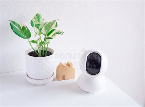 Cctv Security Camera On White Table In Living Room Wooden House Tree Home Security Concept