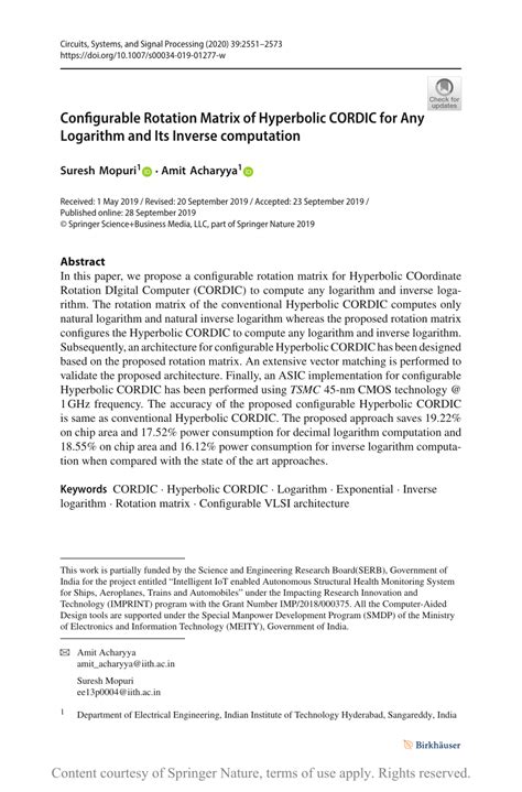 Configurable Rotation Matrix Of Hyperbolic Cordic For Any Logarithm And Its Inverse Computation