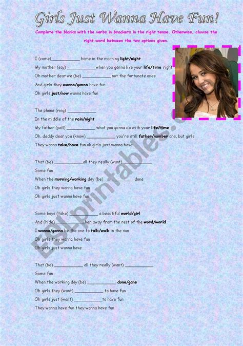 Girls Just Wanna Have Fun Miley Cyrus Esl Worksheet By Decspec