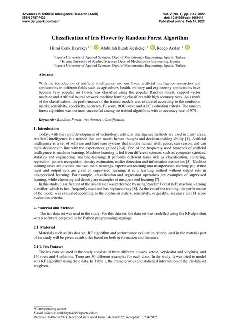 Pdf Classification Of Iris Flower By Random Forest Algorithm