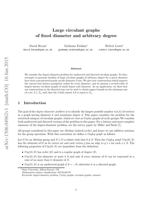 Pdf Large Circulant Graphs Of Fixed Diameter And Arbitrary Degree