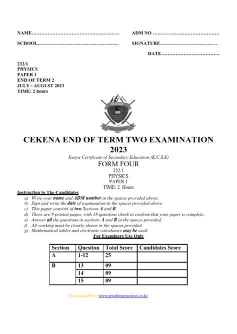 2023 Cekenas July August Mock Physics Paper 1 3 With Marking Schemes Elimu Cloud Notes