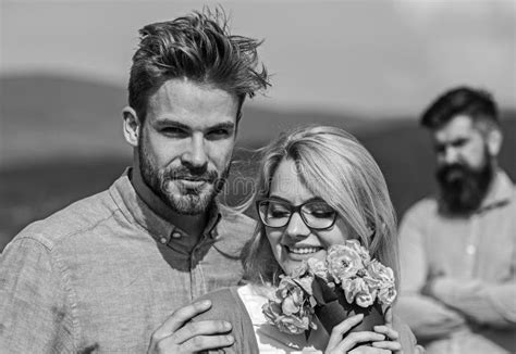 Couple In Love Dating While Jealous Bearded Man Watching Wife Cheating