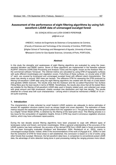 pdf assessment of the performance of eight filtering algorithms by