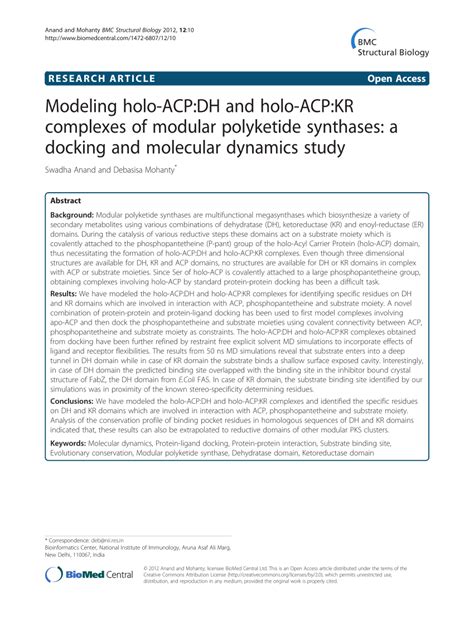 Pdf Modeling Holo Acp Dh And Holo Acp Kr Complexes Of Modular Polyketide Synthases A Docking