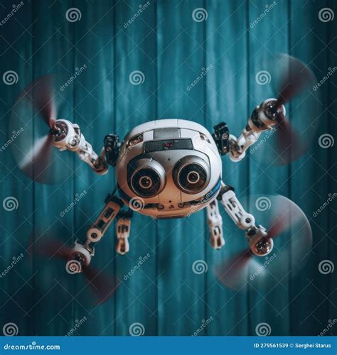 A Toy Robot Flying Through The Air With Propellers Generative Ai Image Stock Illustration