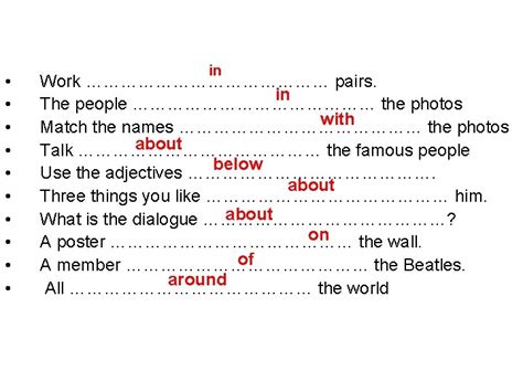 Unit Famous People Prepositions In Work Pairs