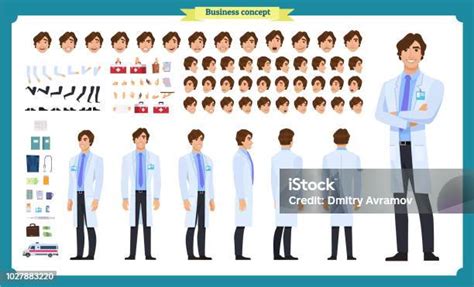 전면 측면 후면 애니메이션 캐릭터입니다 의사 캐릭터 창조와 다양 한 보기 얼굴 감정 포즈 제스처 설정 Lip Synching에 대한 스톡 벡터 아트 및 기타 이미지 Istock