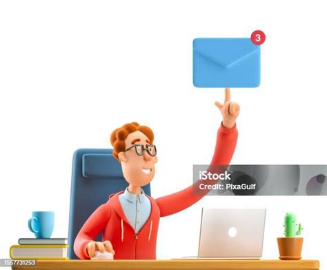 괴짜 래리가 노트북을 들고 테이블에 앉아 있다 3d 그림입니다 소셜 미디어 개념입니다 우편에 대한 스톡 사진 및 기타 이미지
