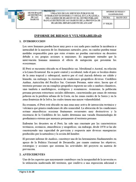 Informe De Riesgo Y Vulnerabilidad Pdf Inundar Riesgo