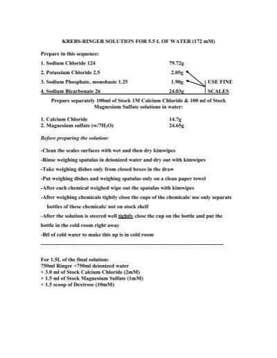 Krebs Ringer Solution For 5 5 L Of Water 172 Mm