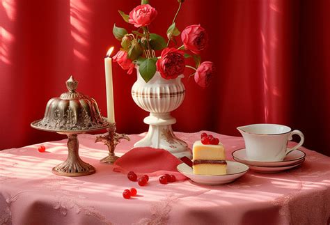 Table With Red Cloth Covering It Background Shadow Flower Vase