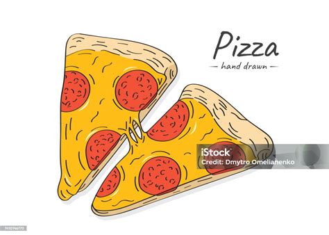 살라미 소시지와 치즈를 곁들인 페퍼로니 피자 조각의 벡터 손으로 그린 스케치 일러스트레이션 드로잉에 대한 스톡 벡터 아트 및 기타 이미지 Istock