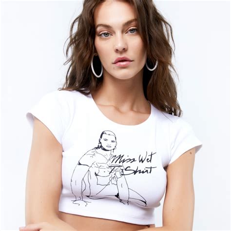 White Printed Crop Top Miss Wet T Shirt Brenda Agradi Wolf And Badger