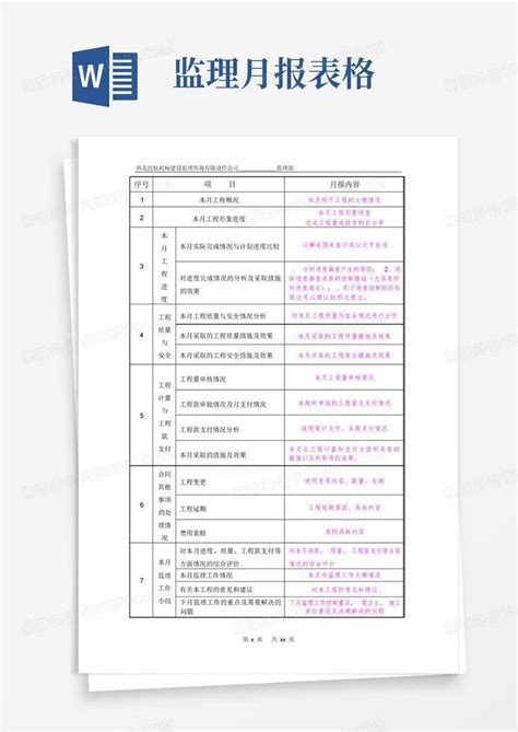 监理月报 表格 Word模板下载 编号qbpjgmxd 熊猫办公