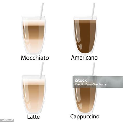 커피와 함께 안경을 설정하십시오 메뉴 포스터 또는 레스토랑 배경에 적합합니다 아메리카노 카푸치노 마끼아또 라떼 로부스타 아라비카 흰색 배경에 분리된 벡터 0명에 대한 스톡