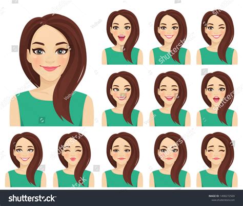 Beautiful Woman Different Facial Expressions Set Stock Vector Royalty