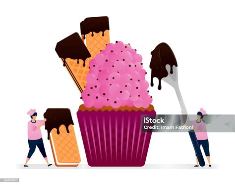 페이스트리 셰프는 아이싱 녹인 초콜릿 바닐라 크림 비스킷 샌드위치로 컵 케이크를 만듭니다 일러스트레이션은 요리책 표지 배너 전단지 광고에 사용할 수 있습니다 갈색에 대한