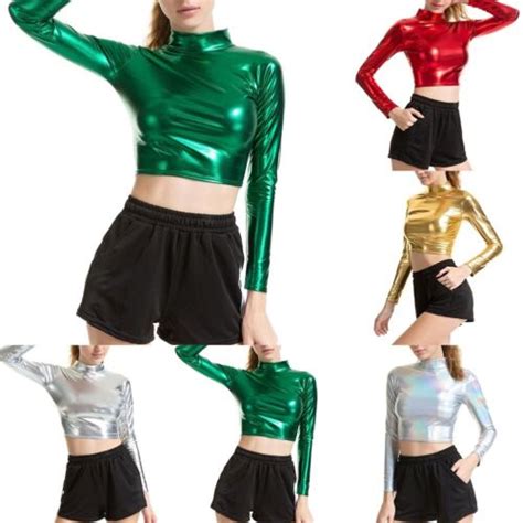 Womens Silver Faux Leather Shiny Wetlook Mock Neck Crop Top Daily Wear