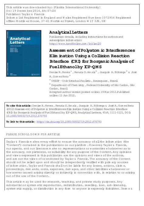 Pdf Assessment Of Polyatomic Interferences Elimination Using A