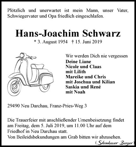 Traueranzeigen von Hans Joachim Schwarz Trauer Lüneburg de